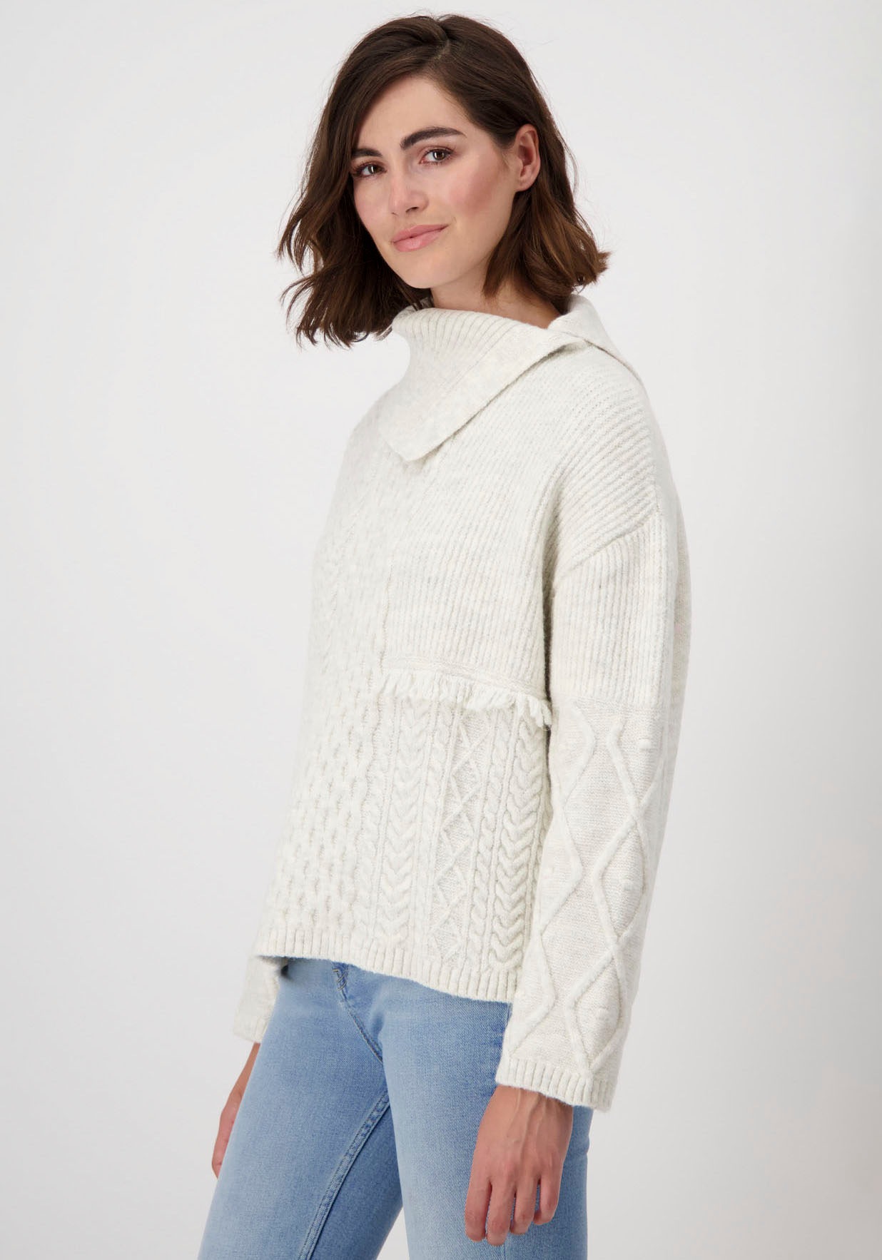 Monari Rollkragenpullover, im Strukturmix mit Zopfmuster und Fransen online bestellen bei ...