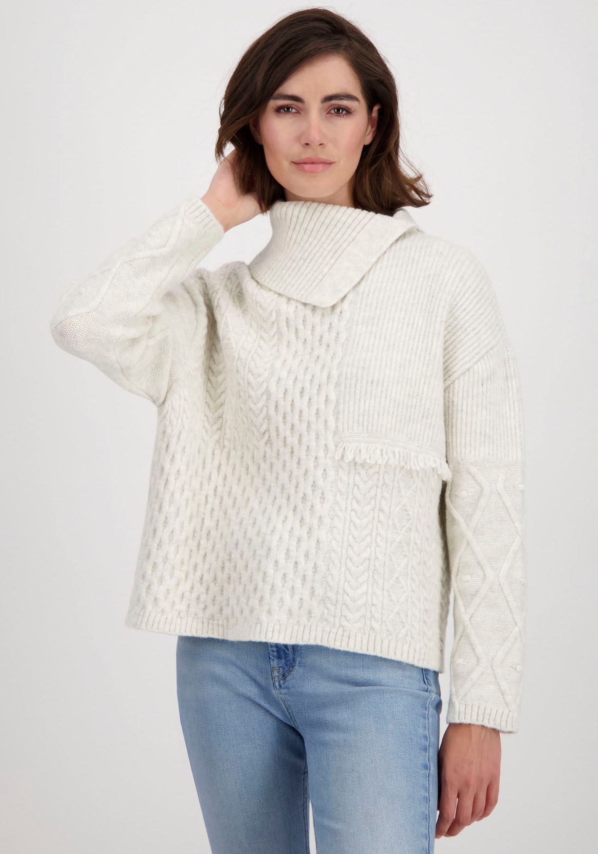 Monari Rollkragenpullover, im Strukturmix mit Zopfmuster und Fransen online bestellen bei ...